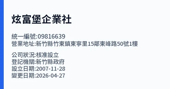 炫富堡企業社的照片-統編 09816639(新竹縣) 公司登記資料與營業項目詳細圖表