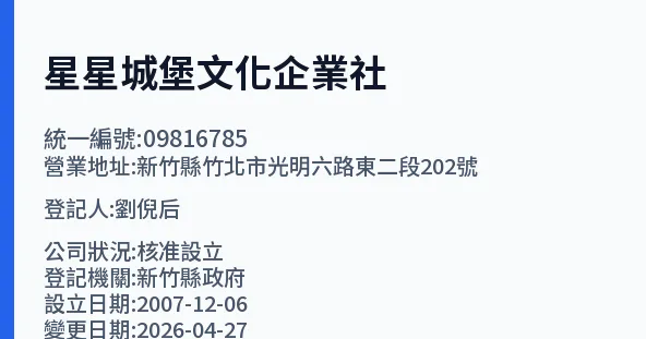 星星城堡文化企業社的照片-統編 09816785(新竹縣) 公司登記資料與營業項目詳細圖表