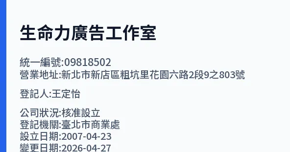 生命力廣告工作室的照片-統編 09818502(新北市) 公司登記資料與營業項目詳細圖表