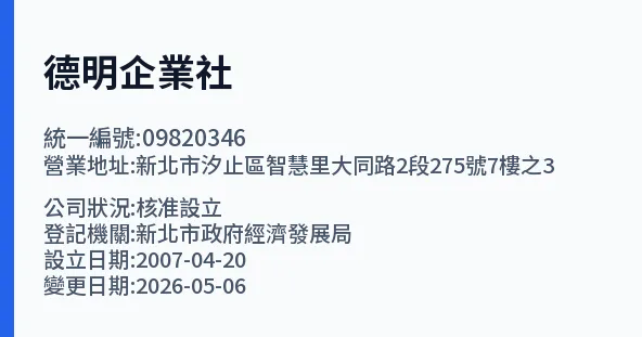 德明企業社的照片-統編 09820346(新北市) 公司登記資料與營業項目詳細圖表