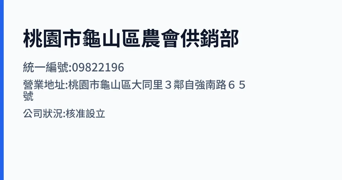 桃園市龜山區農會供銷部 - 統編 09822196（桃園市） 公司登記資料與營業項目詳細圖表