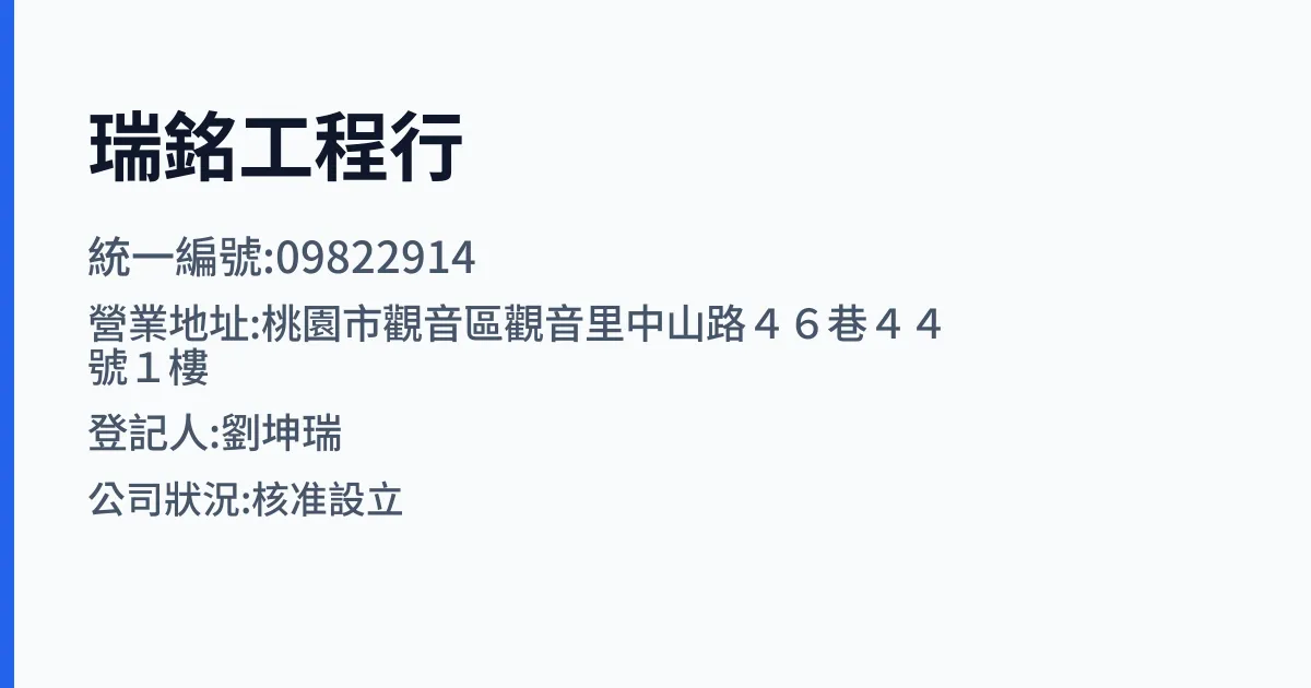 瑞銘工程行 - 統編 09822914(桃園市) 公司登記資料與營業項目詳細圖表