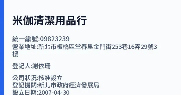 米伽清潔用品行的照片-統編 09823239(新北市) 公司登記資料與營業項目詳細圖表