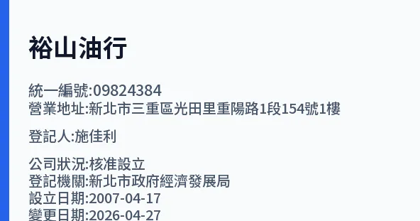 裕山油行的照片-統編 09824384(新北市) 公司登記資料與營業項目詳細圖表