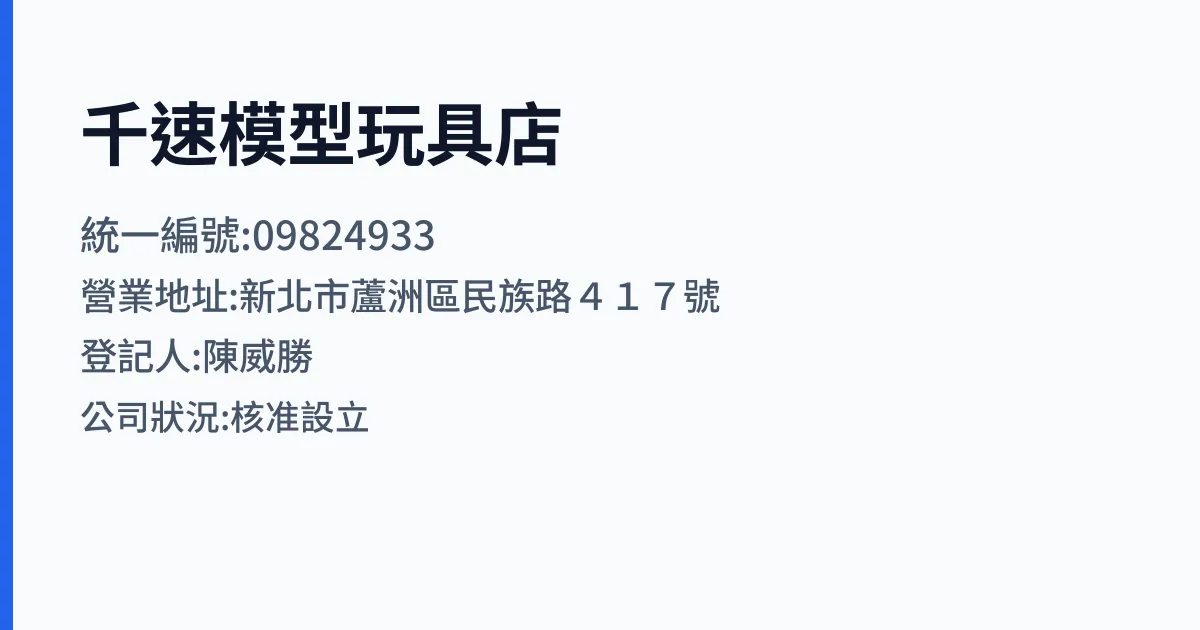 千速模型玩具店 - 統編 09824933(新北市) 公司登記資料與營業項目詳細圖表