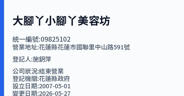 大腳丫小腳丫美容坊的照片-統編 09825102(花蓮縣) 公司登記資料與營業項目詳細圖表