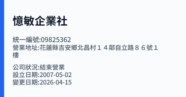 憶敏企業社的照片-統編 09825362(花蓮縣) 公司登記資料與營業項目詳細圖表