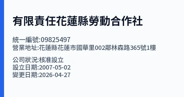 有限責任花蓮縣勞動合作社的照片-統編 09825497(花蓮縣) 公司登記資料與營業項目詳細圖表
