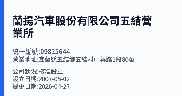 蘭揚汽車股份有限公司五結營業所的照片-統編 09825644(宜蘭縣) 公司登記資料與營業項目詳細圖表