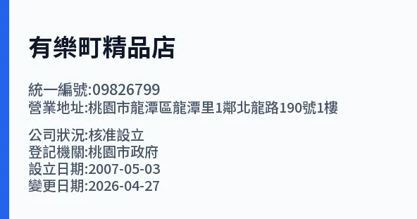 有樂町精品店的照片-統編 09826799(桃園市) 公司登記資料與營業項目詳細圖表