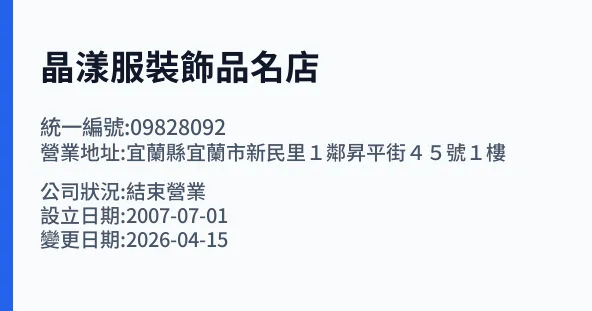 晶漾服裝飾品名店的照片-統編 09828092(宜蘭縣) 公司登記資料與營業項目詳細圖表