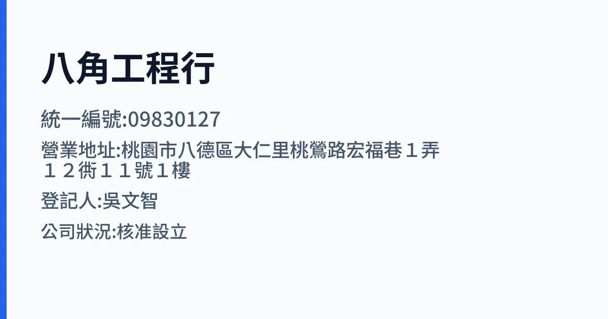 八角工程行 - 統編 09830127(桃園市) 公司登記資料與營業項目詳細圖表
