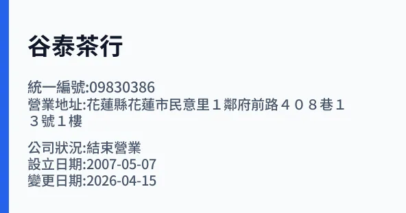 谷泰茶行的照片-統編 09830386(花蓮縣) 公司登記資料與營業項目詳細圖表