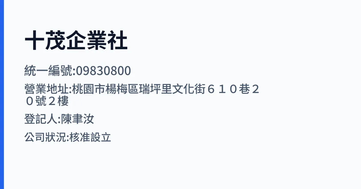 十茂企業社 - 統編 09830800(桃園市) 公司登記資料與營業項目詳細圖表