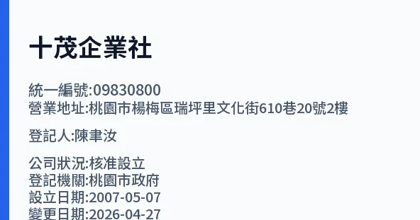 十茂企業社的照片-統編 09830800(桃園市) 公司登記資料與營業項目詳細圖表