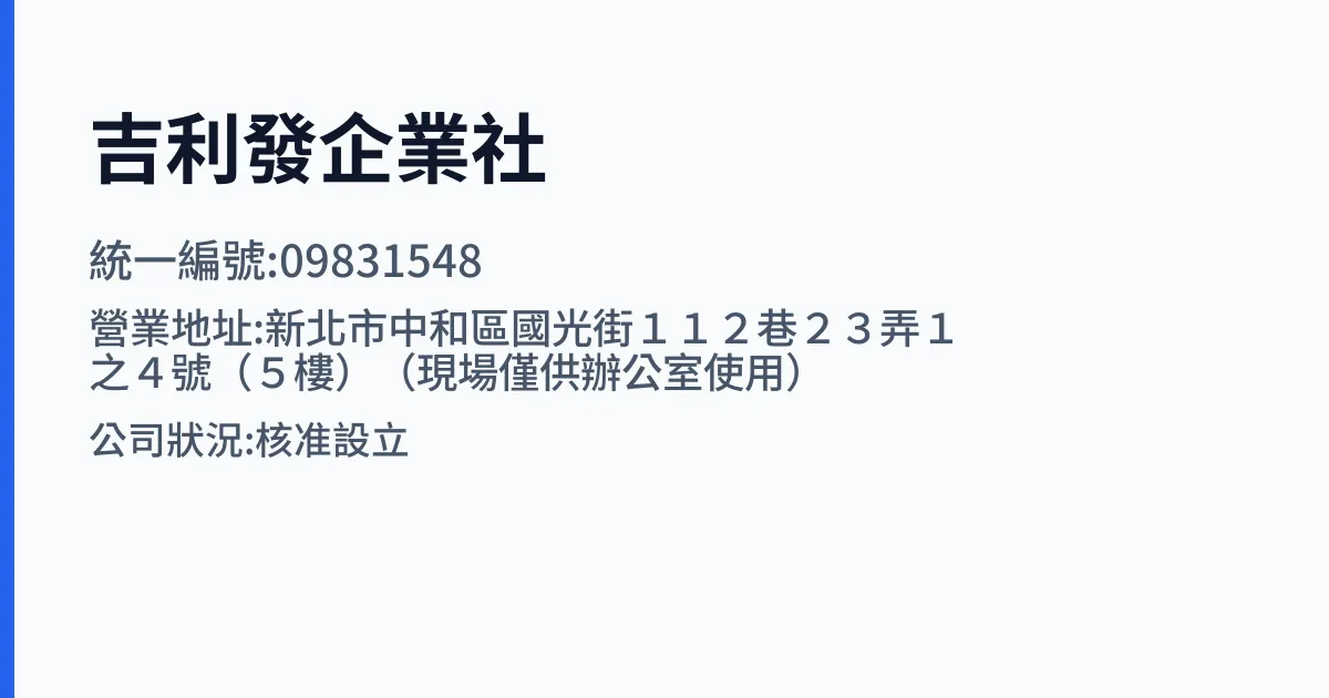 吉利發企業社 - 統編 09831548(新北市) 公司登記資料與營業項目詳細圖表