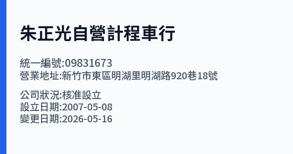 朱正光自營計程車行的照片-統編 09831673(新竹市) 公司登記資料與營業項目詳細圖表