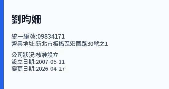 劉昀姍的照片-統編 09834171(新北市) 公司登記資料與營業項目詳細圖表