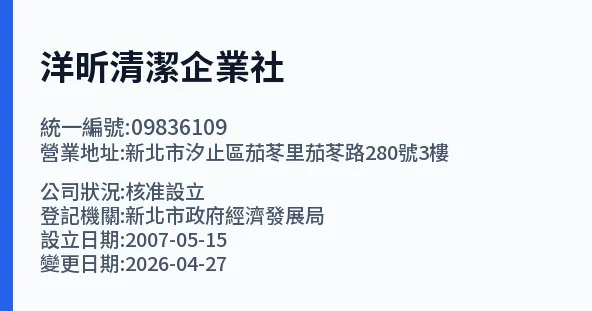 洋昕清潔企業社的照片-統編 09836109(新北市) 公司登記資料與營業項目詳細圖表