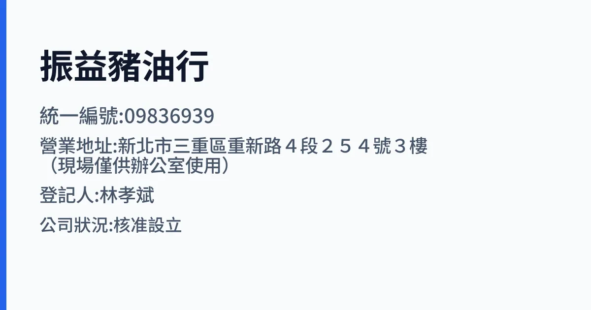 振益豬油行 - 統編 09836939(新北市) 公司登記資料與營業項目詳細圖表