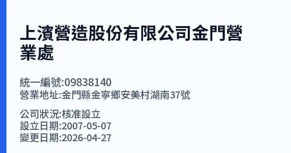 上濱營造股份有限公司金門營業處的照片-統編 09838140(金門縣) 公司登記資料與營業項目詳細圖表