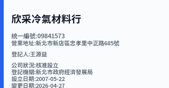 欣采冷氣材料行的照片-統編 09841573(新北市) 公司登記資料與營業項目詳細圖表