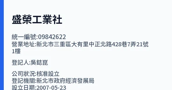 盛榮工業社的照片-統編 09842622(新北市) 公司登記資料與營業項目詳細圖表