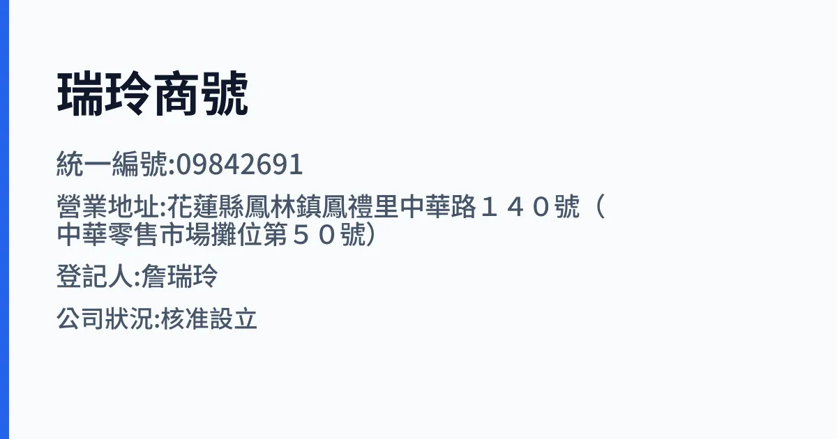 瑞玲商號 - 統編 09842691(花蓮縣) 公司登記資料與營業項目詳細圖表