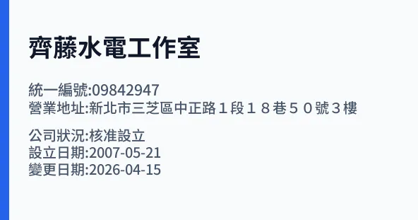 齊藤水電工作室的照片-統編 09842947(新北市) 公司登記資料與營業項目詳細圖表
