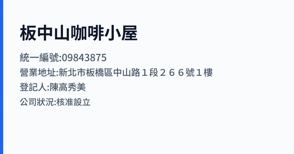 板中山咖啡小屋 - 統編 09843875(新北市) 公司登記資料與營業項目詳細圖表