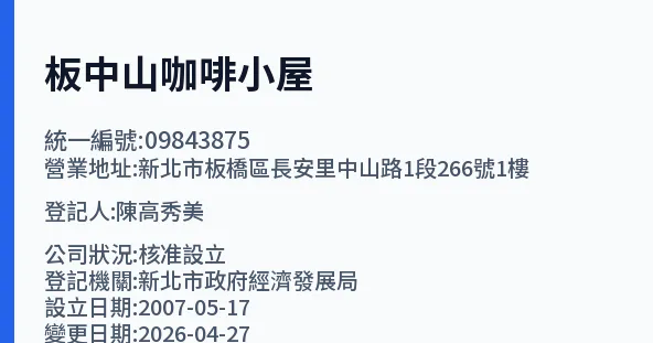 板中山咖啡小屋的照片-統編 09843875(新北市) 公司登記資料與營業項目詳細圖表