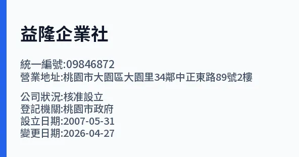 益隆企業社的照片-統編 09846872(桃園市) 公司登記資料與營業項目詳細圖表