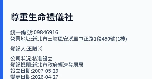 尊重生命禮儀社的照片-統編 09846916(新北市) 公司登記資料與營業項目詳細圖表