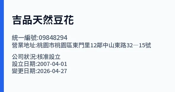 吉品天然豆花的照片-統編 09848294(桃園市) 公司登記資料與營業項目詳細圖表