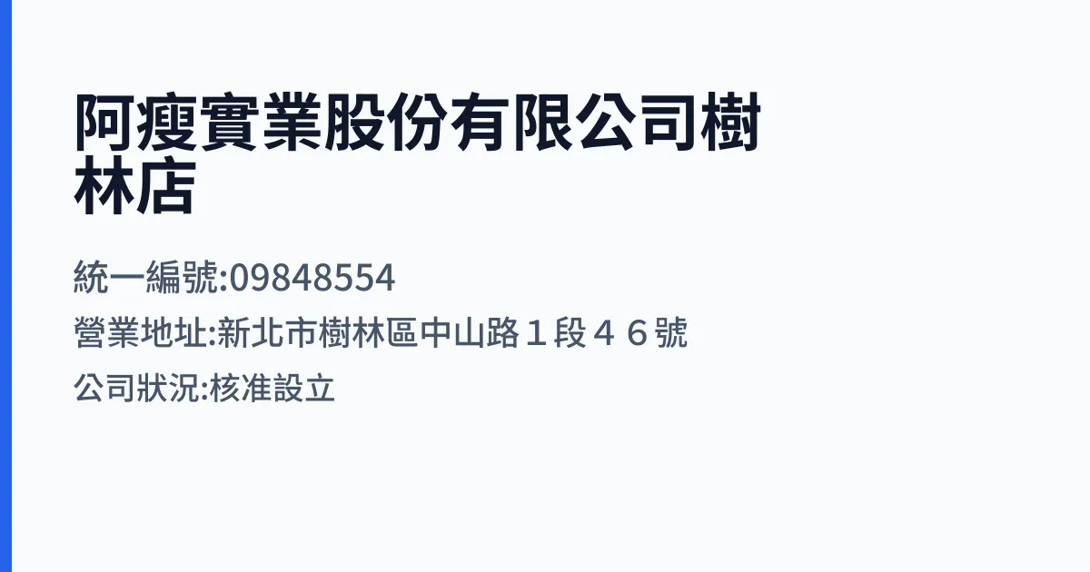 阿瘦實業股份有限公司樹林店 - 統編 09848554(新北市) 公司登記資料與營業項目詳細圖表
