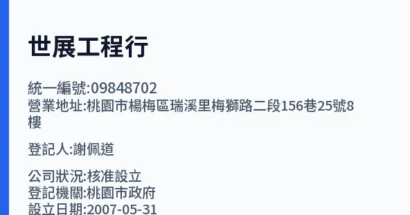 世展工程行的照片-統編 09848702(桃園市) 公司登記資料與營業項目詳細圖表