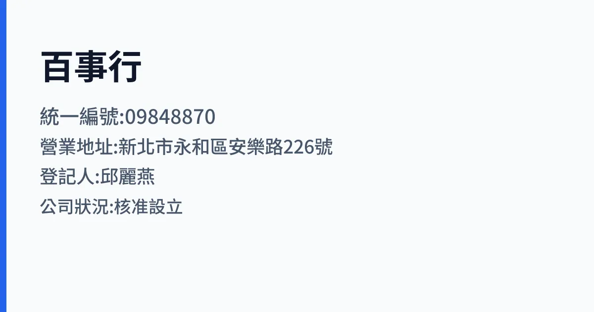 百事行 - 統編 09848870(新北市) 公司登記資料與營業項目詳細圖表