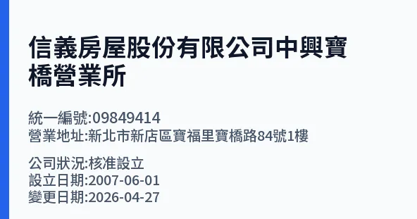 信義房屋股份有限公司中興寶橋營業所的照片-統編 09849414(新北市) 公司登記資料與營業項目詳細圖表