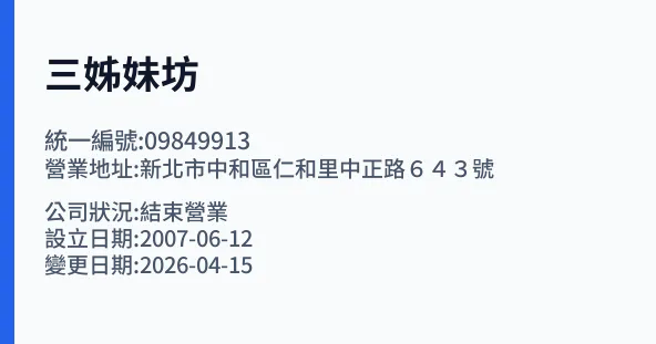 三姊妹坊的照片-統編 09849913(新北市) 公司登記資料與營業項目詳細圖表