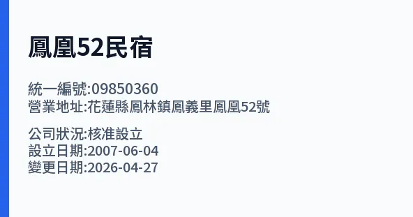 鳳凰52民宿的照片-統編 09850360(花蓮縣) 公司登記資料與營業項目詳細圖表