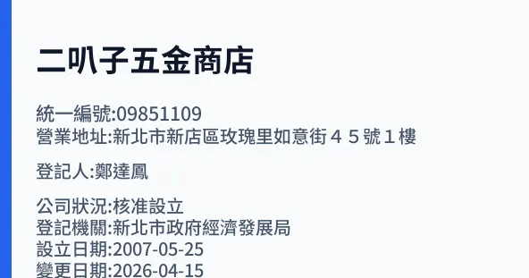 二叭子五金商店的照片-統編 09851109(新北市) 公司登記資料與營業項目詳細圖表