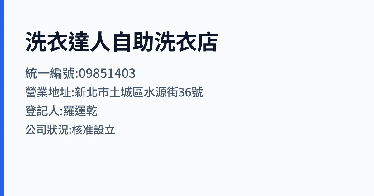 洗衣達人自助洗衣店 - 統編 09851403(新北市) 公司登記資料與營業項目詳細圖表