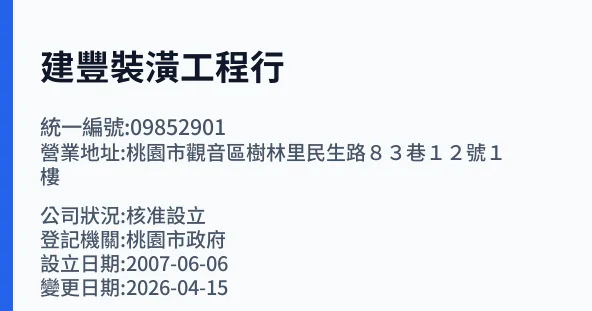 建豐裝潢工程行的照片-統編 09852901(桃園市) 公司登記資料與營業項目詳細圖表