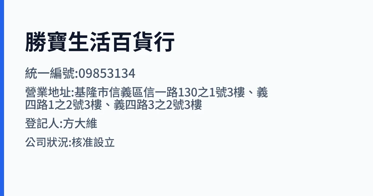 勝寶生活百貨行 - 統編 09853134(基隆市) 公司登記資料與營業項目詳細圖表