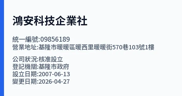 鴻安科技企業社的照片-統編 09856189(基隆市) 公司登記資料與營業項目詳細圖表