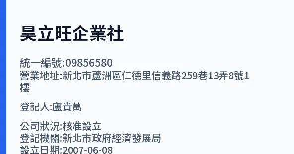 昊立旺企業社的照片-統編 09856580(新北市) 公司登記資料與營業項目詳細圖表