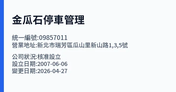 金瓜石停車管理的照片-統編 09857011(新北市) 公司登記資料與營業項目詳細圖表