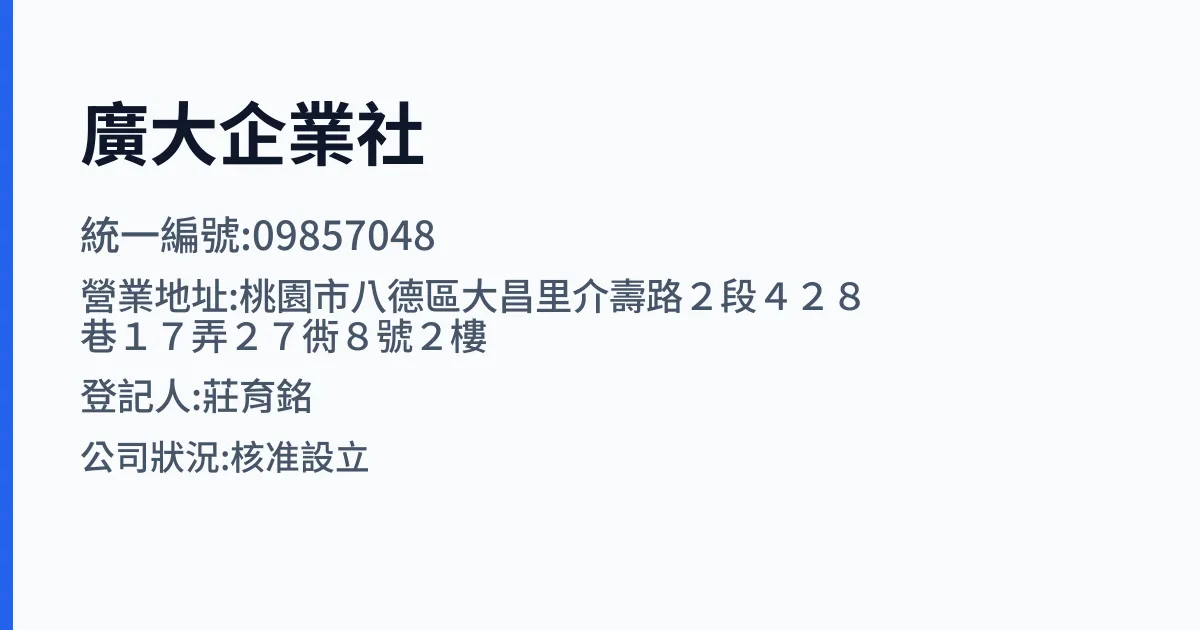 廣大企業社 - 統編 09857048(桃園市) 公司登記資料與營業項目詳細圖表