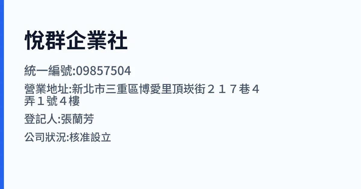 悅群企業社 - 統編 09857504(新北市) 公司登記資料與營業項目詳細圖表