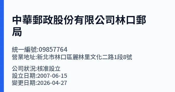 中華郵政股份有限公司林口郵局的照片-統編 09857764(新北市) 公司登記資料與營業項目詳細圖表